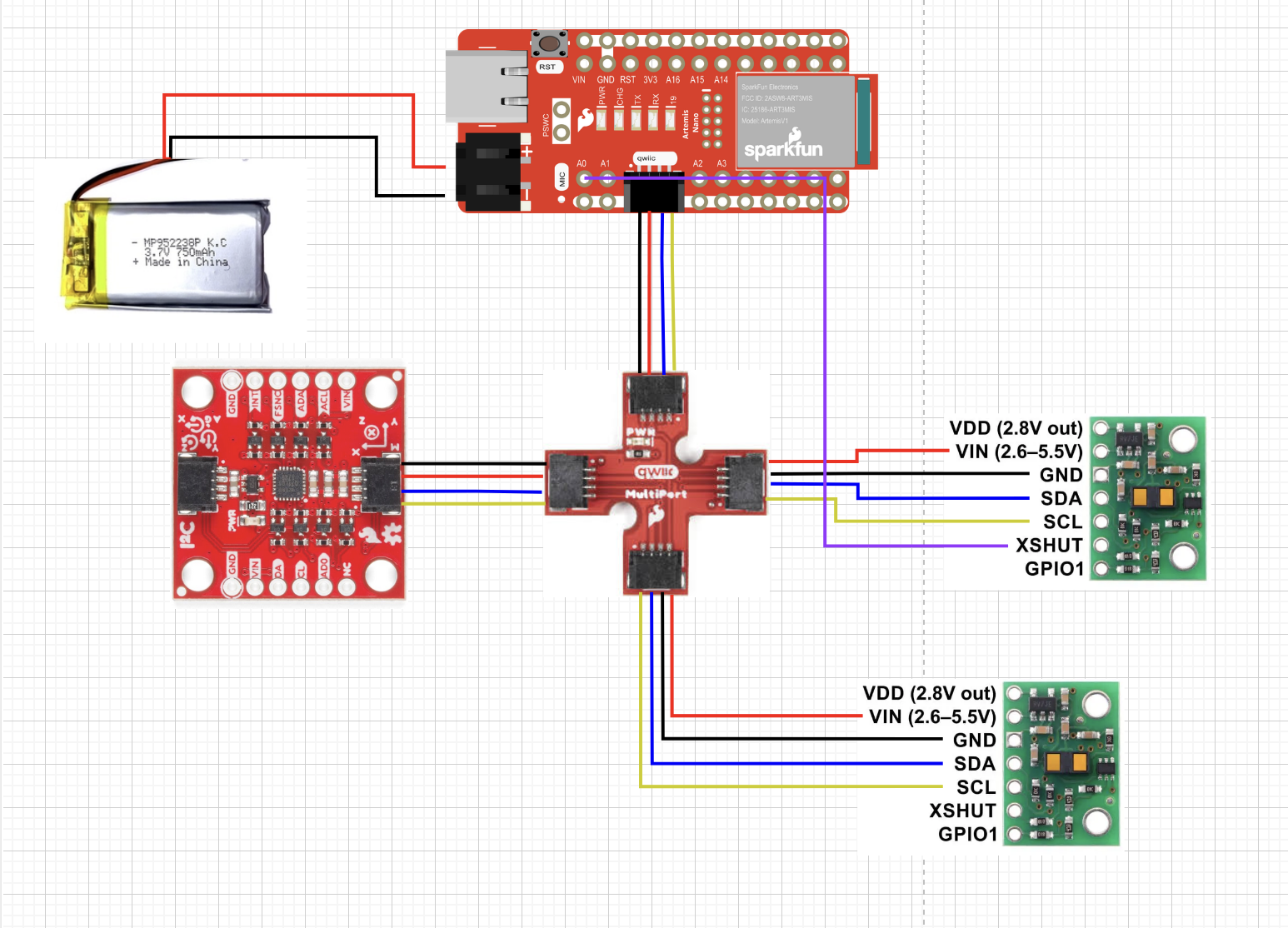 Schematic of TOF, IMU, and battery